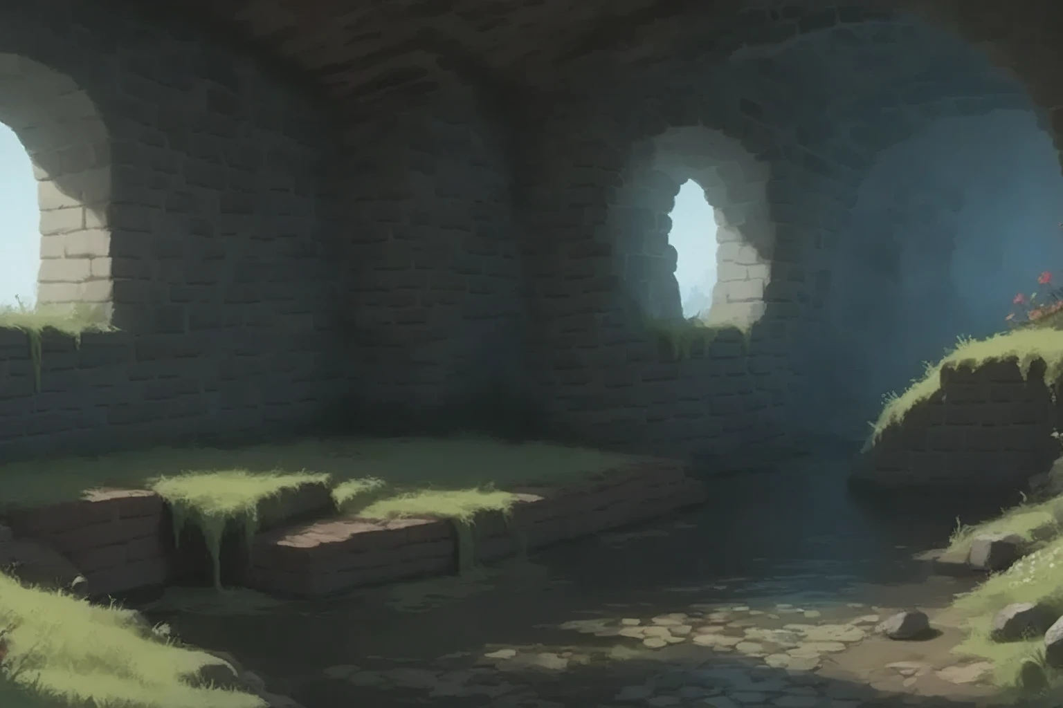 Medieval sewer, stone walls, (Lineart:1.2). Rounded brick walls covered ...