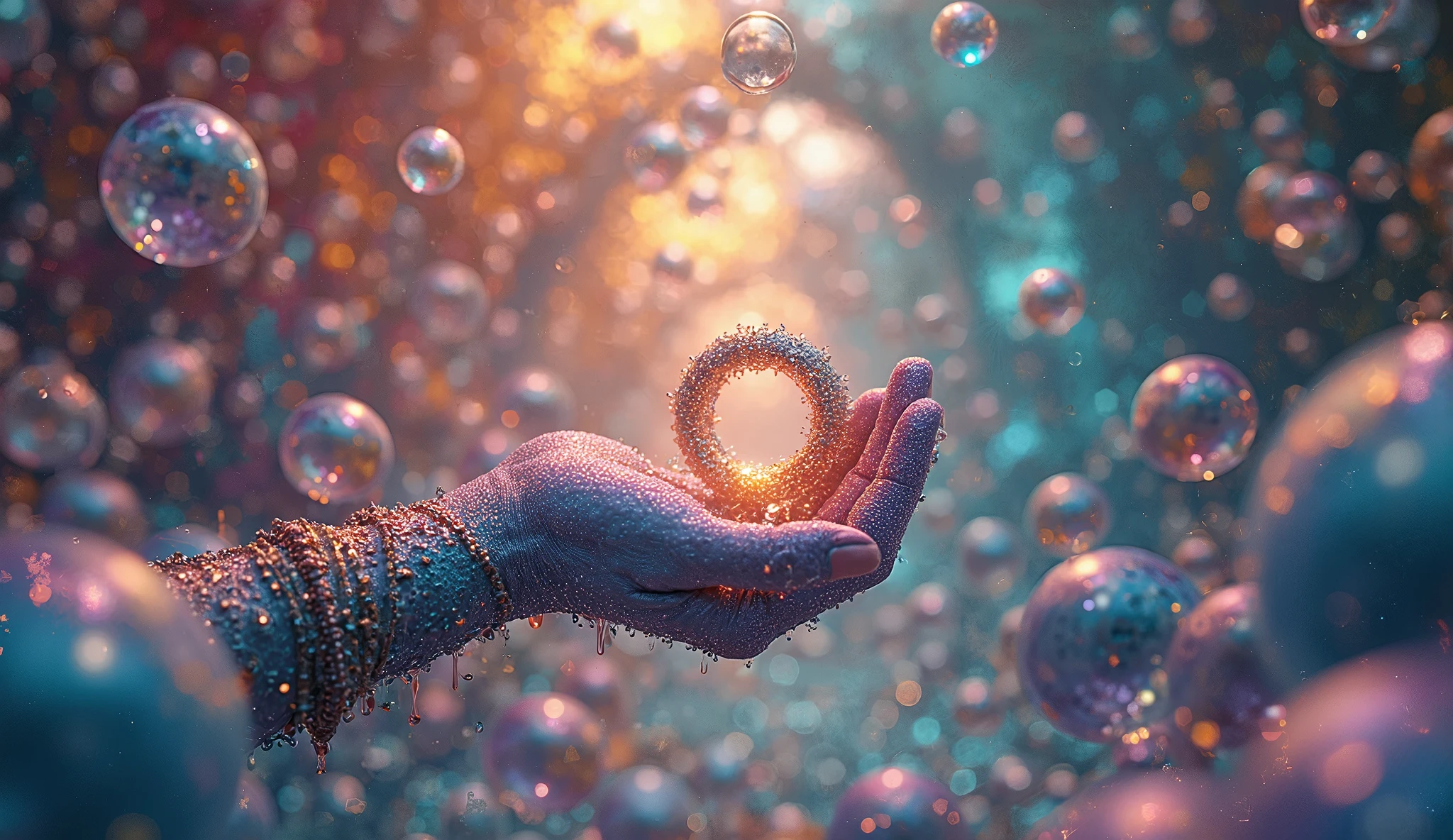 Holding a ring，beautiful bubbles floating in between Above, Shining ...