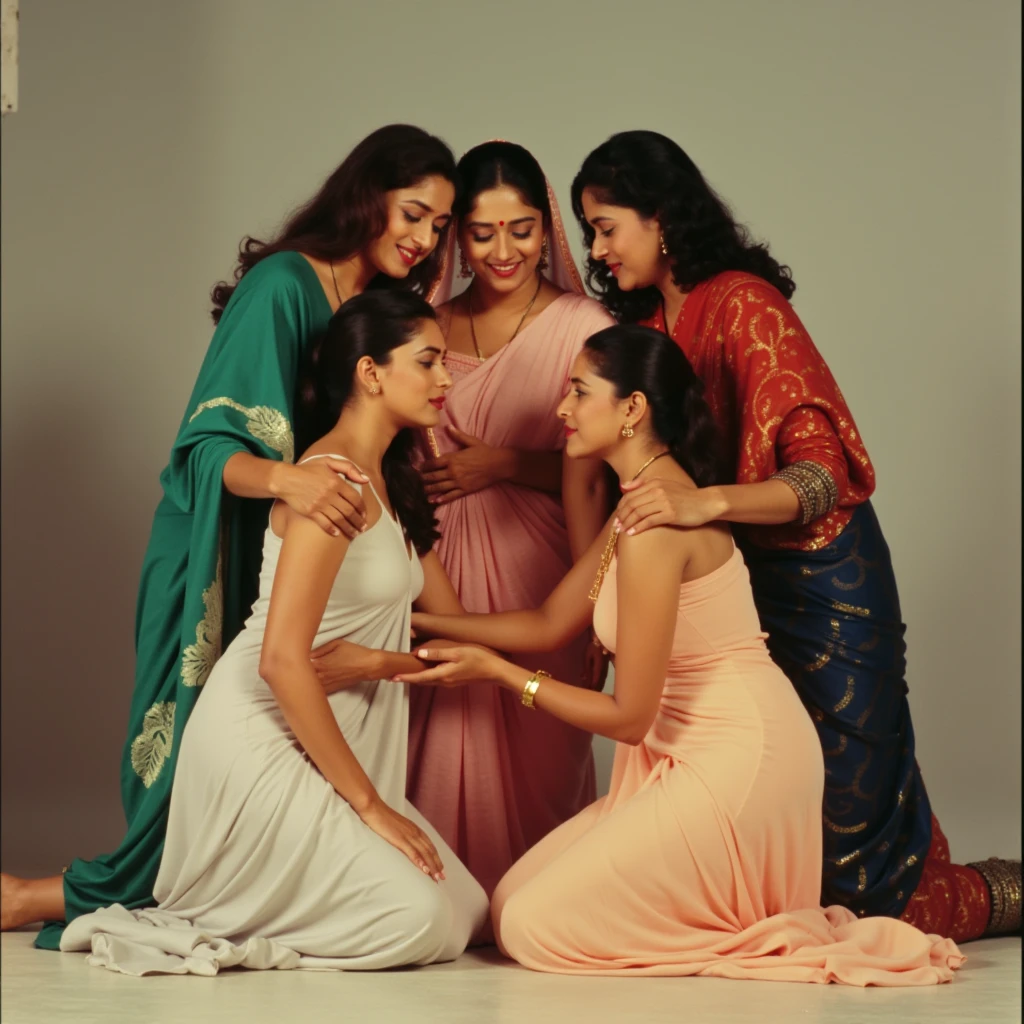 Two women in night gown kneeling down on ground and women in saree hug ...