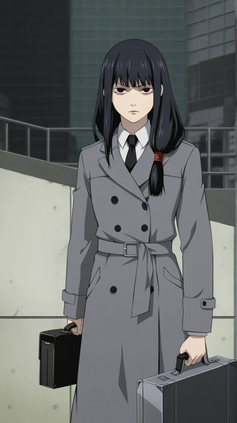 Female character, long black hair tied ( Long FRINGE), dark look ...
