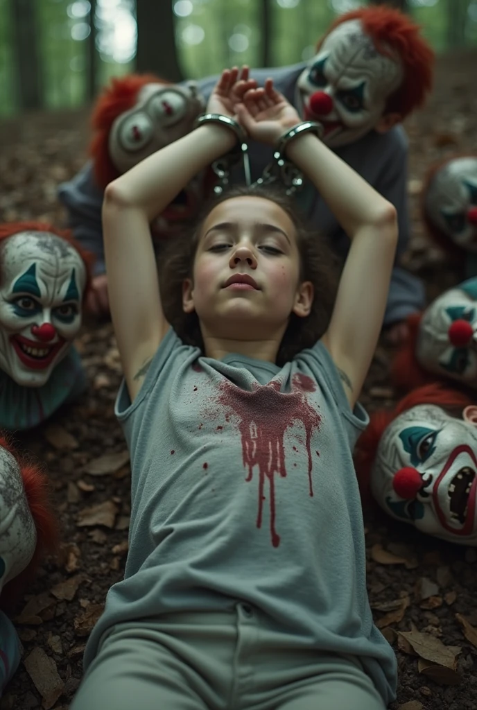 Girl with closed eyes with her arms stretched overhead handcuffed ...