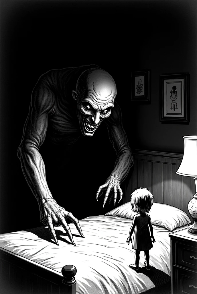 "A black and white horror comic book-style illustration of a dimly lit ...