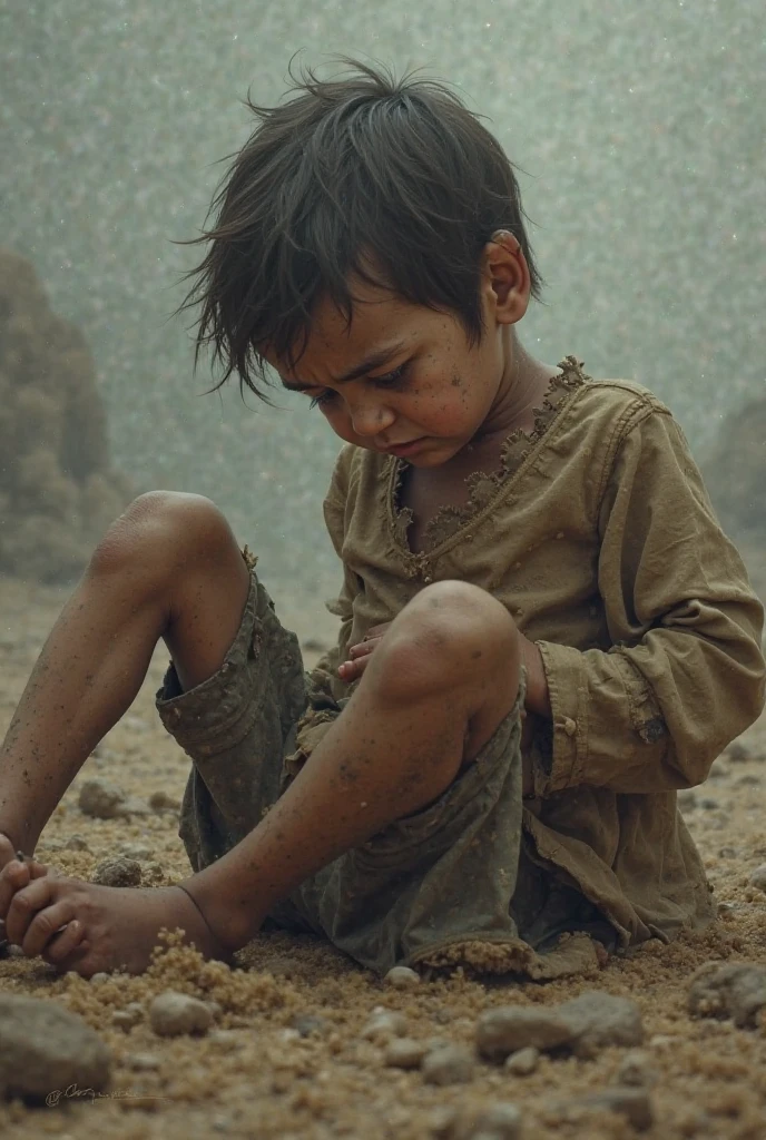 A boy lying down looking at his belly growling with hunger - SeaArt AI