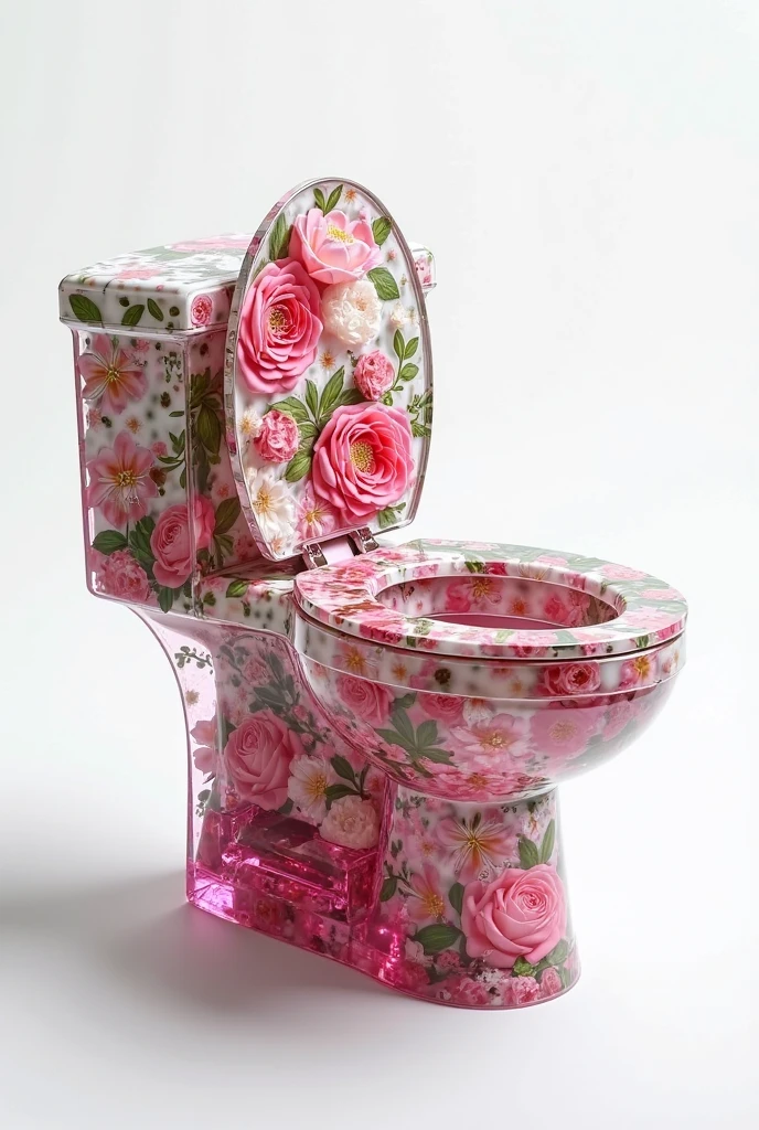 "A luxurious modern toilet made of clear epoxy resin, embedded with ...