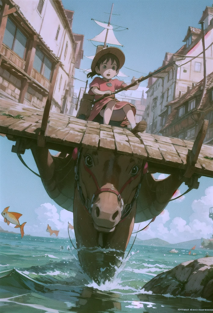 GHIBLI clothes IN the water Girl riding on a fish surrounded by fish ...