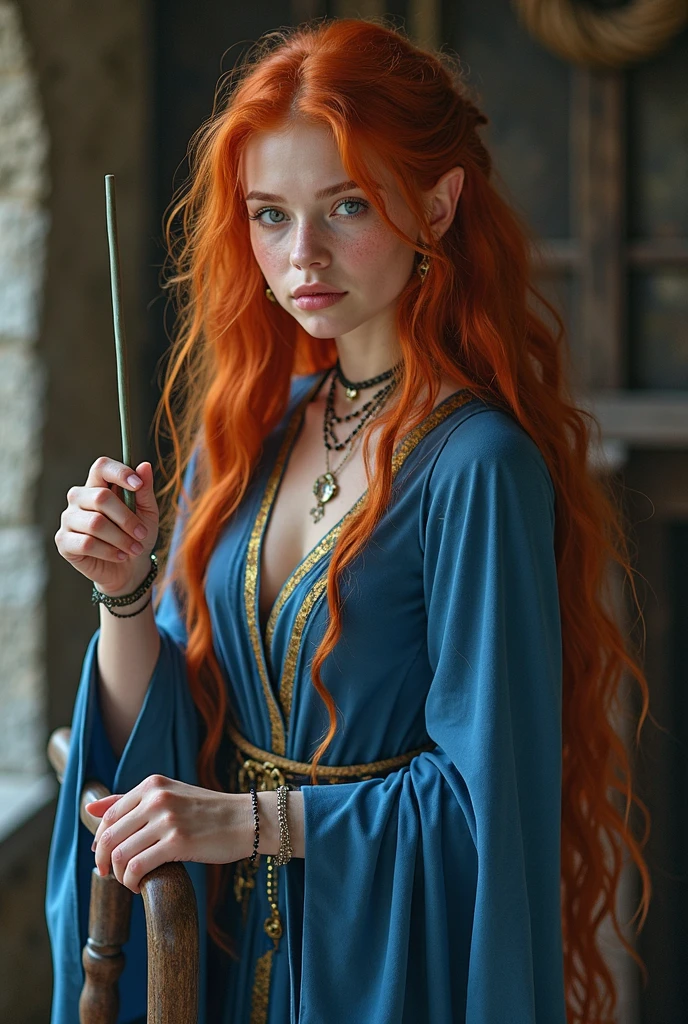 A young elvish woman dressed in the blue robes of a sorceress - SeaArt AI