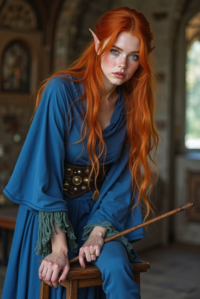 A young elvish woman dressed in the blue robes of a sorceress - SeaArt AI