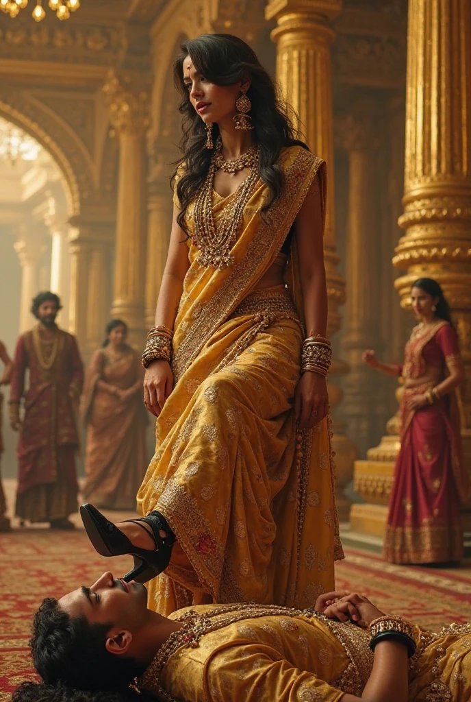 A royal Indian palace setting with golden lighting and intricate ...
