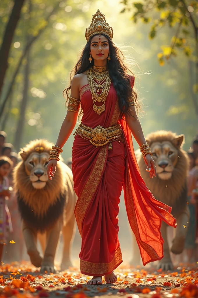 A stunning portrayal of the Hindu goddess Mata Durga, wearing a red ...