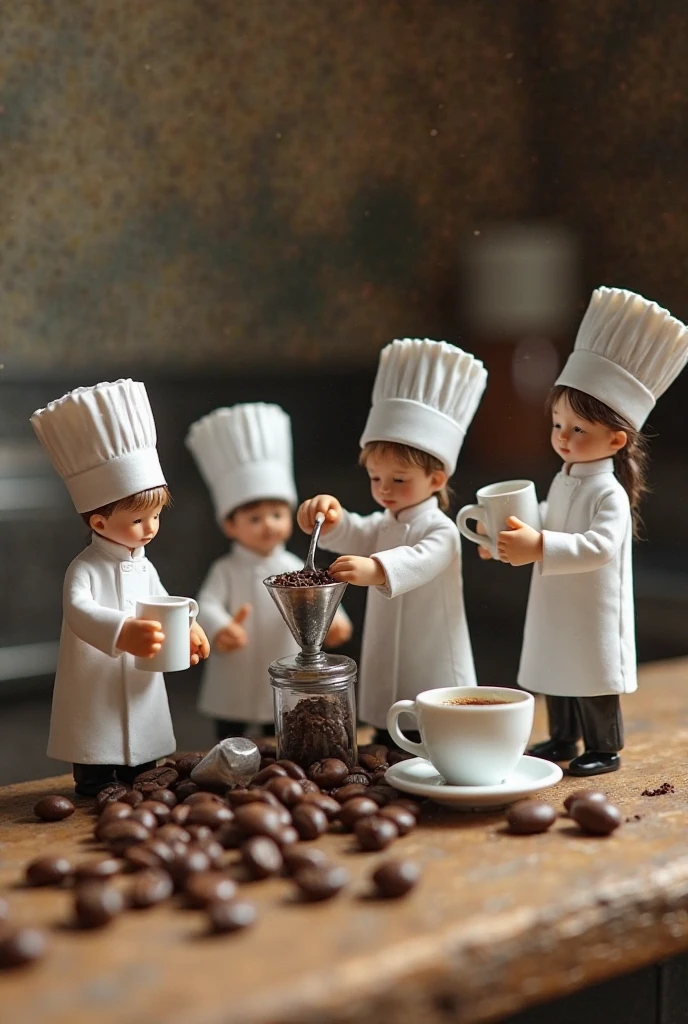 "A group of tiny miniature chefs, dressed in classic white uniforms and ...