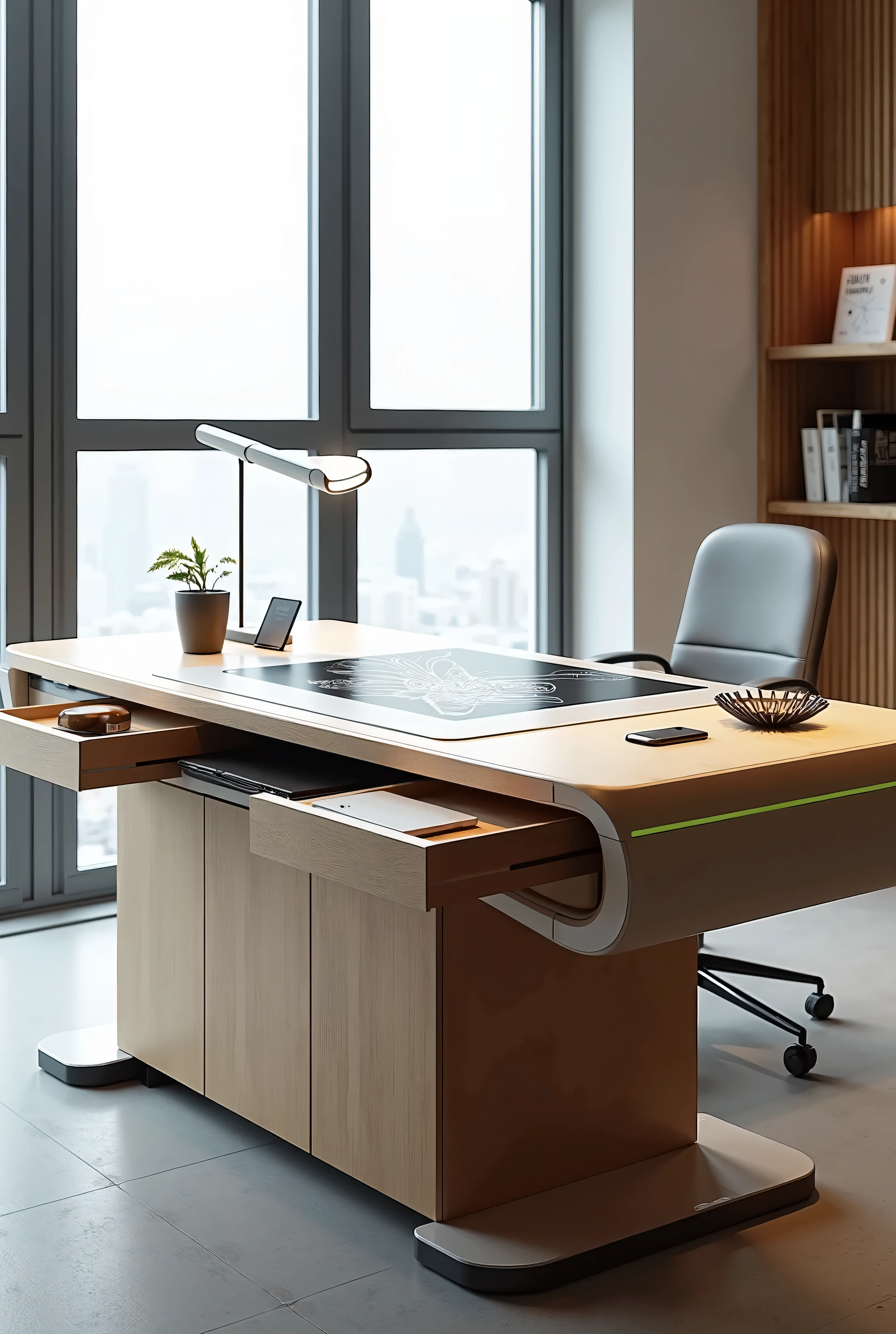 Design a futuristic, modern smart desk tailored for designers and ...