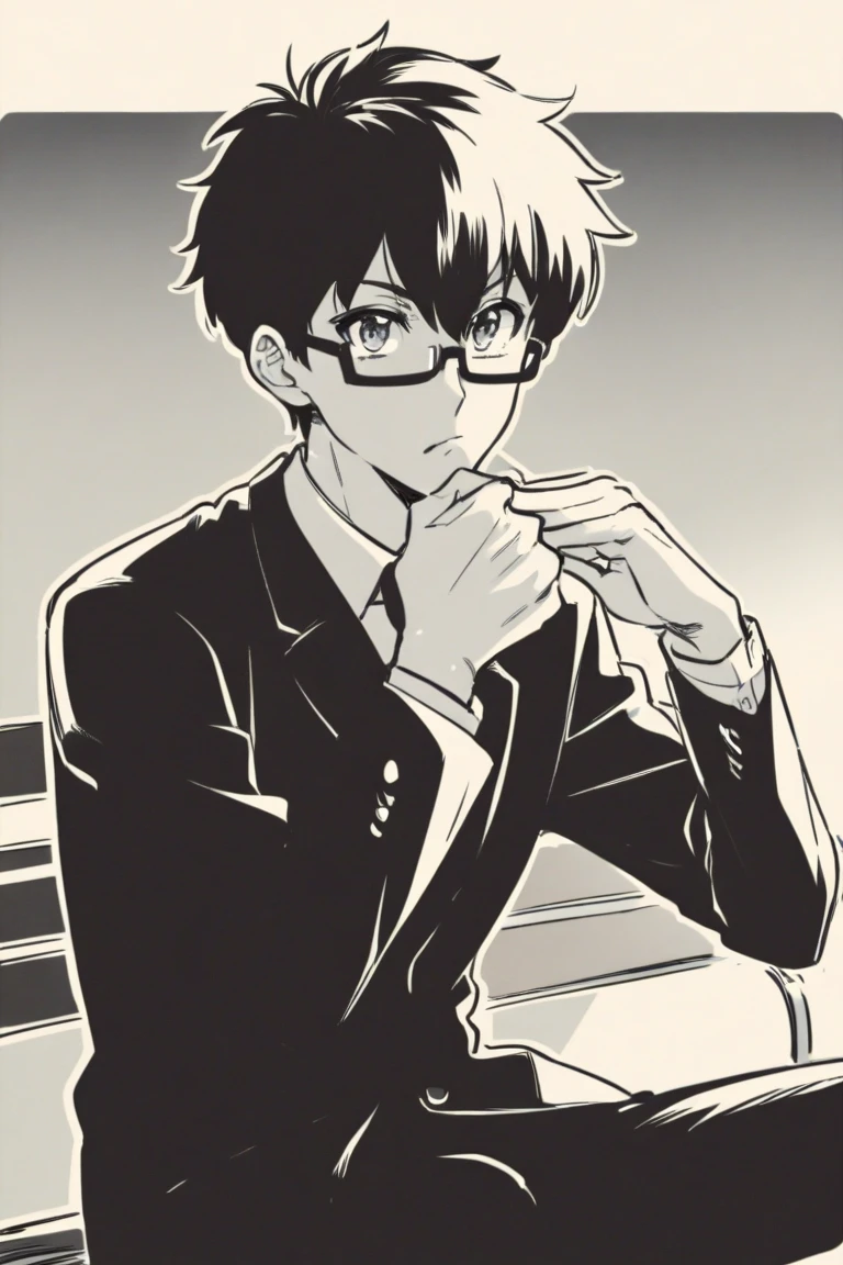 Anime high School boy with squared glasses black white and with pose ...