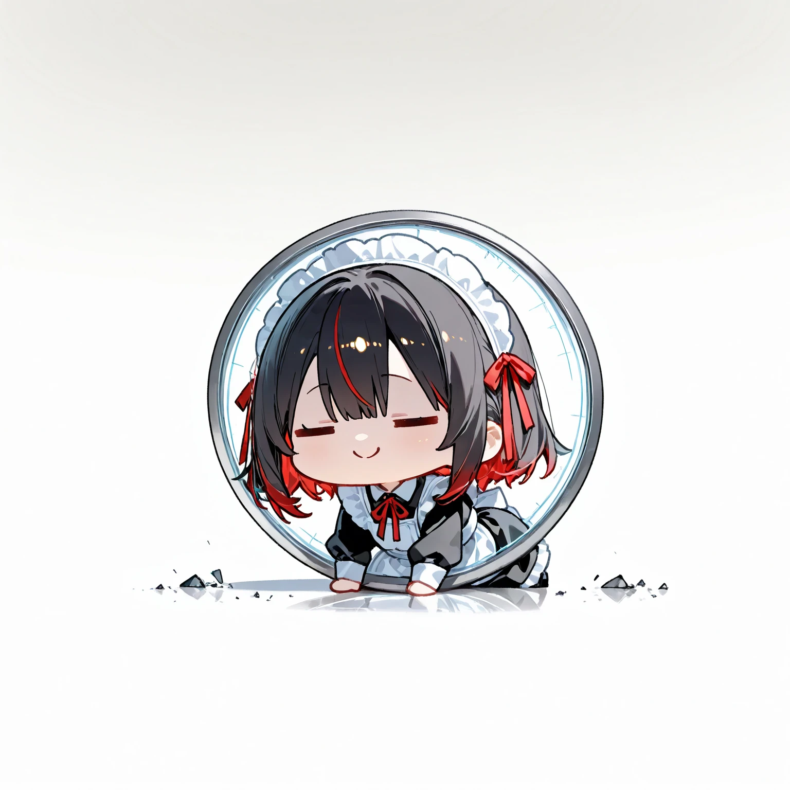 Chibi girl, large round face, short black hair with red tips - SeaArt AI