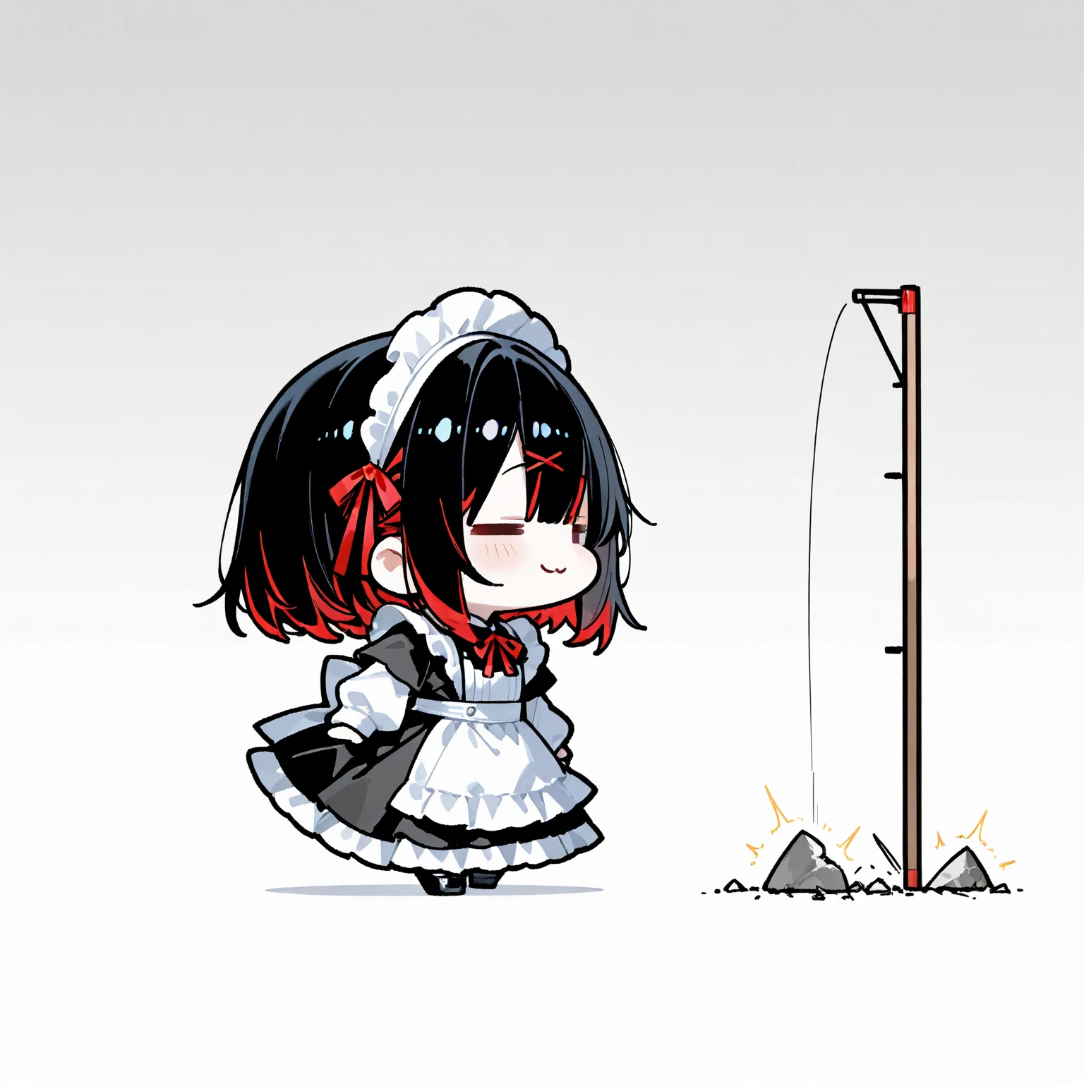 Chibi girl, large round face, short black hair with red tips - SeaArt AI