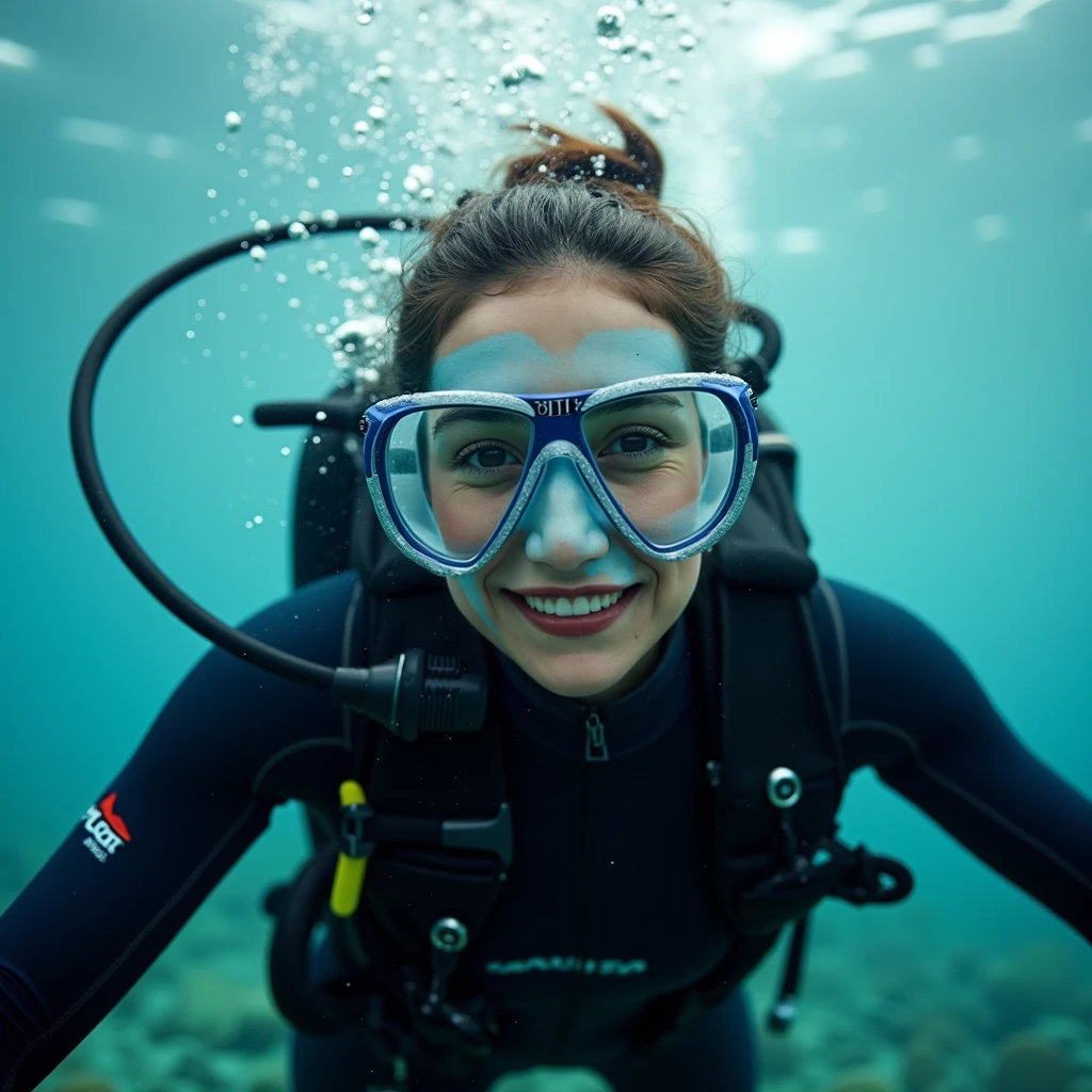 She wears diver clothes and a diving mask and we look at the camera and ...