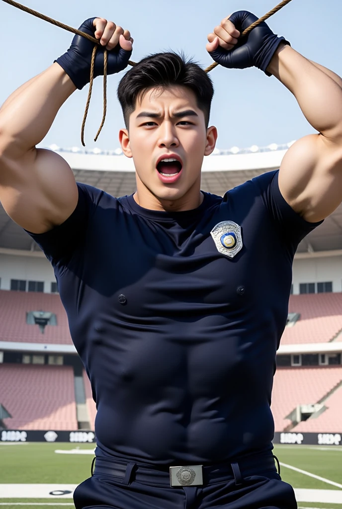 A handsome Korean man kneeling wearing a navy blue short-sleeved round ...