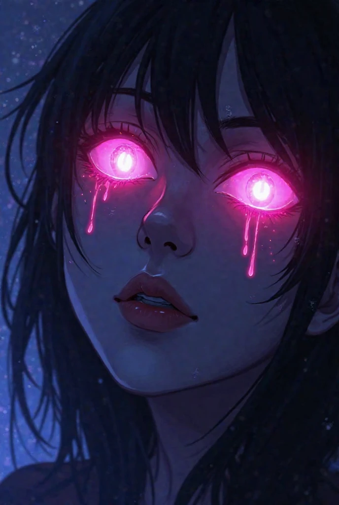 Close-up portrait of a shadowy figure with glowing pink tear streaks - SeaArt AI