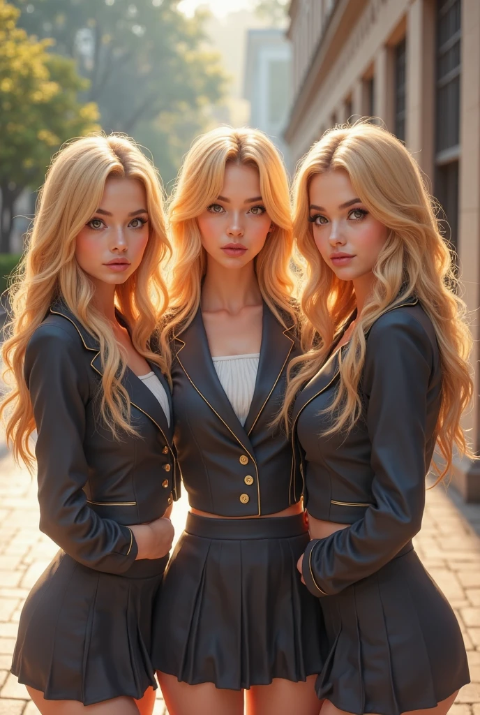 3 near identical blond college girls, busty triplets, in school outfits ...