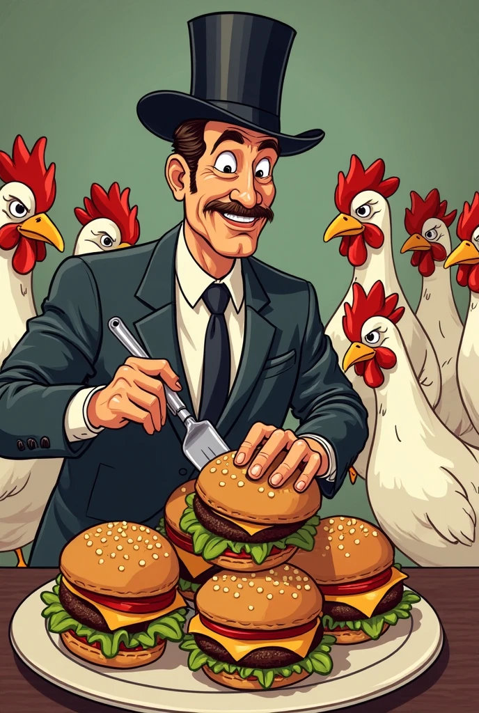 Cartoon illustration of a man in a suit and hat with a bunch of ...