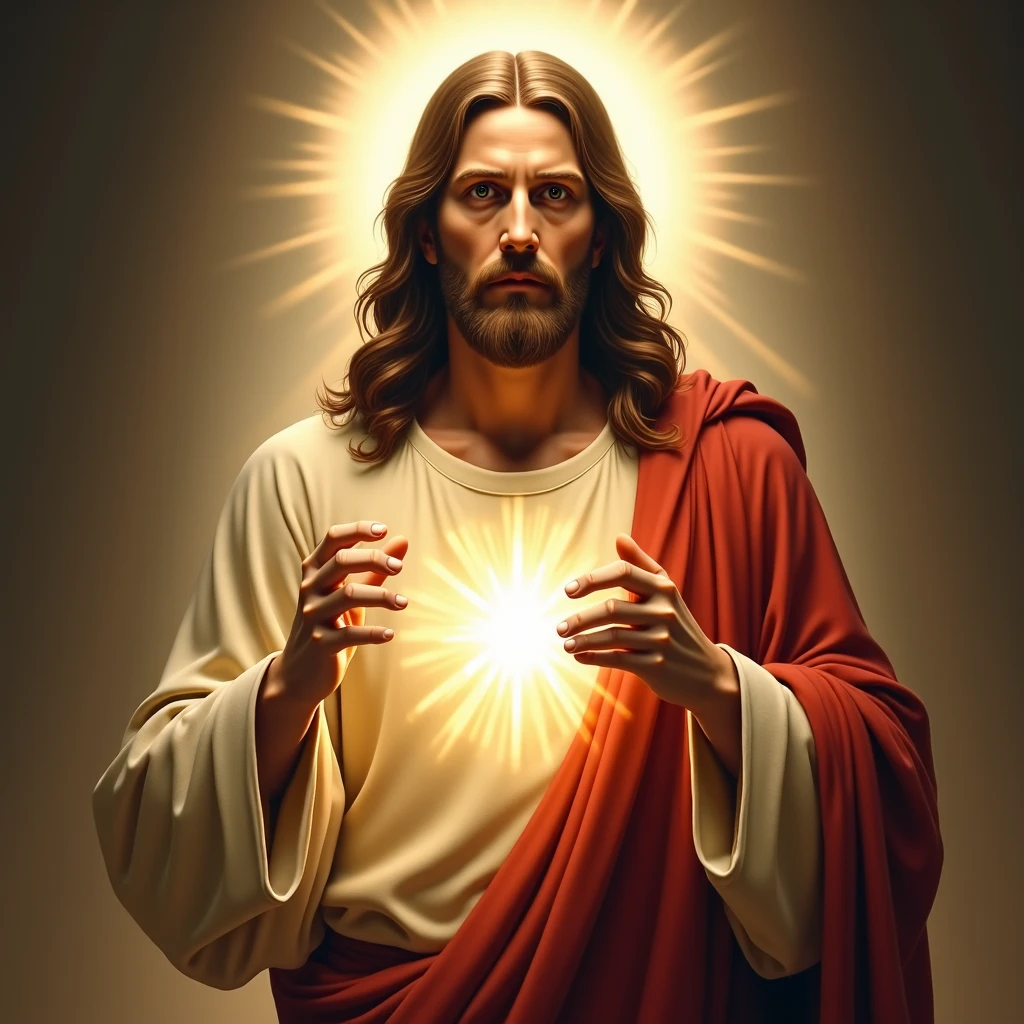 Jesus Christ drawn realistic biblical style surrounded in light aura ...