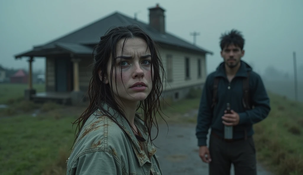 Positioned in the foreground, slightly off-center. Her face is pale ...