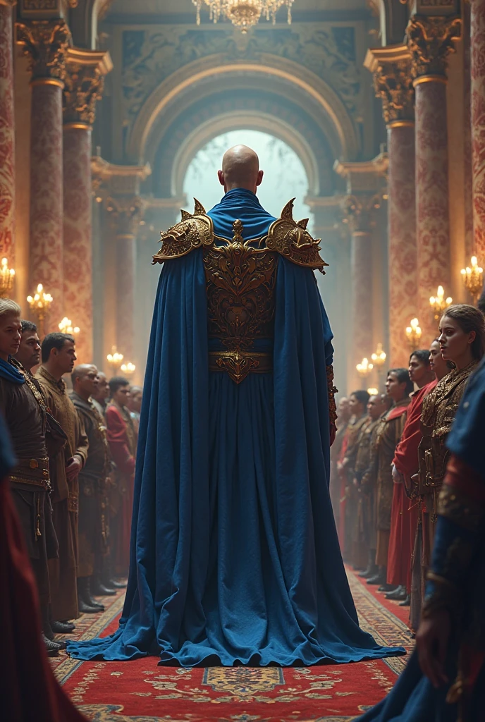 Old bald roman alike emperor dressed in blue with magical armor in the ...