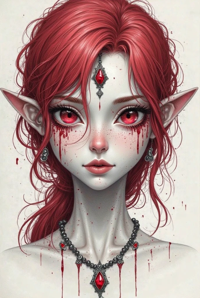 Create an image of a human girl with red hair and red eyes scars of ...