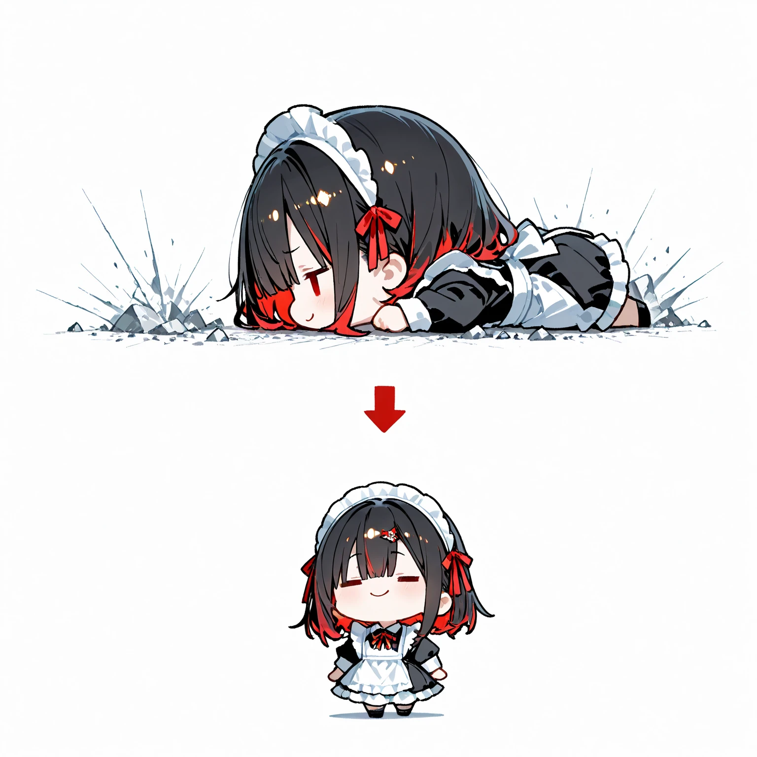 Chibi girl, large round face, short black hair with red tips - SeaArt AI