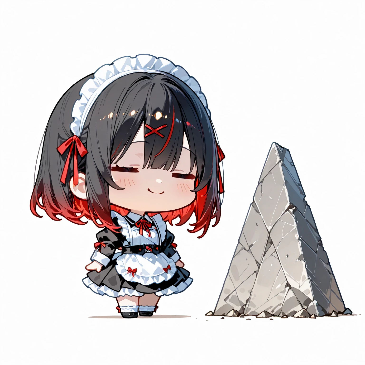 Chibi girl, large round face, short black hair with red tips - SeaArt AI