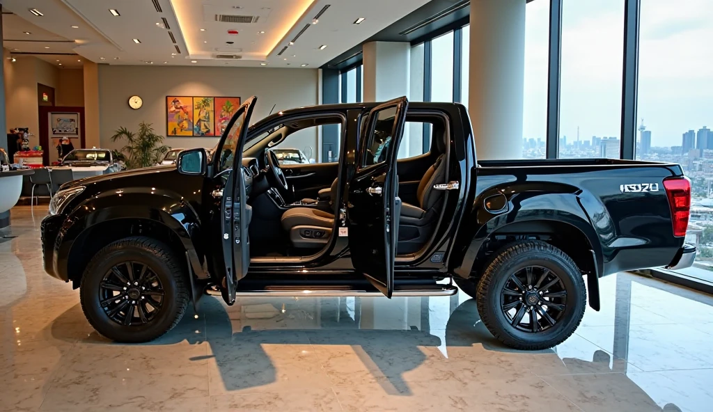 A 2026 Isuzu D-Max in a sleek black color is showcased in a luxurious ...