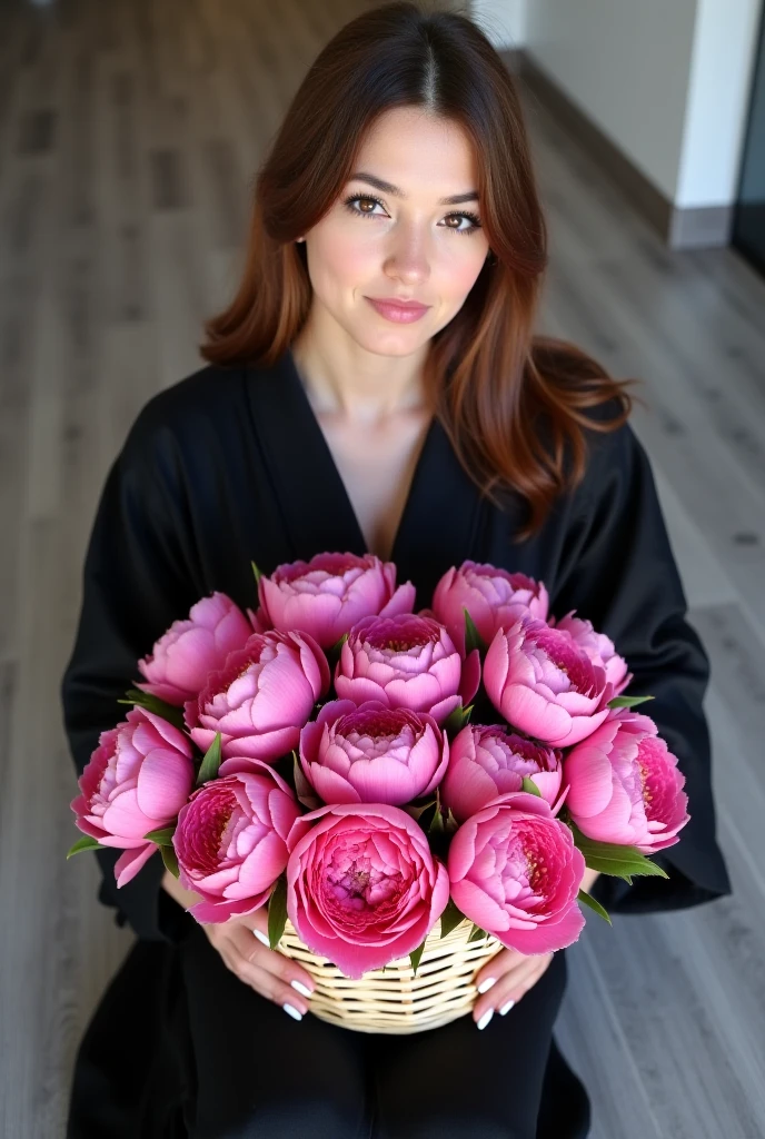 Girl, brown eyes, chestnut hair color, chest-length hair, wearing a ...