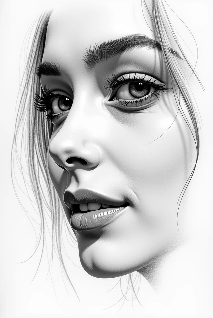 There is a drawing of a woman with a smile on her face, faded drawing ...