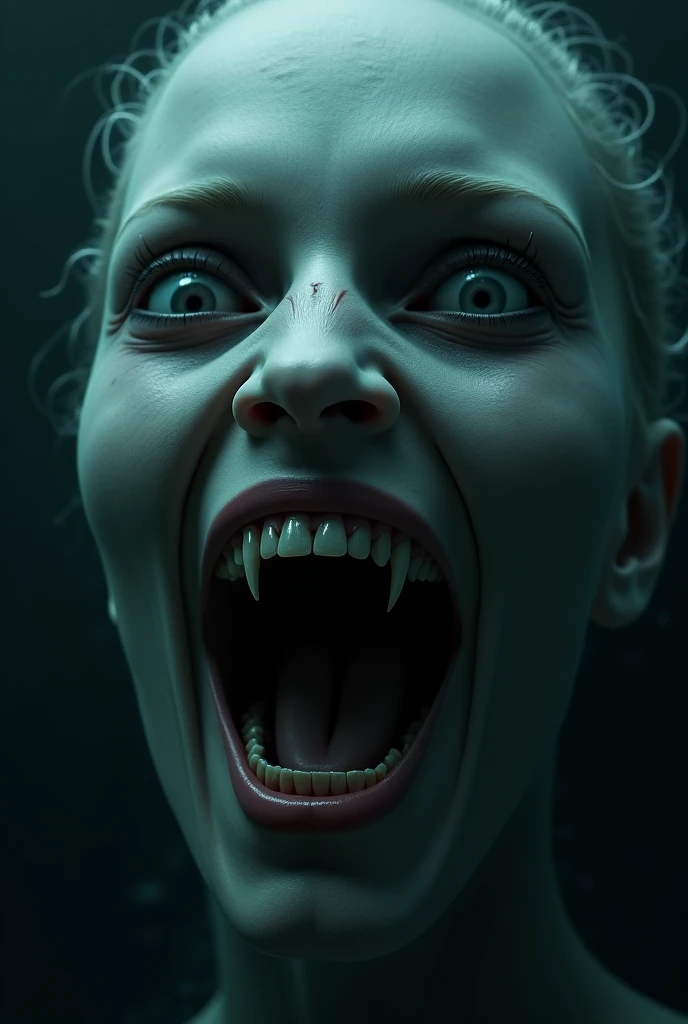 A close-up of the ghost woman laughing with a horrifying expression ...
