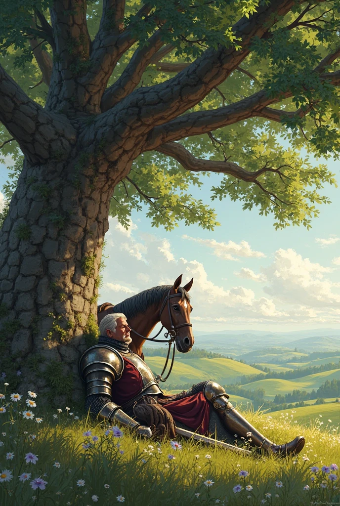 The knight lying under a tree with his horse - SeaArt AI