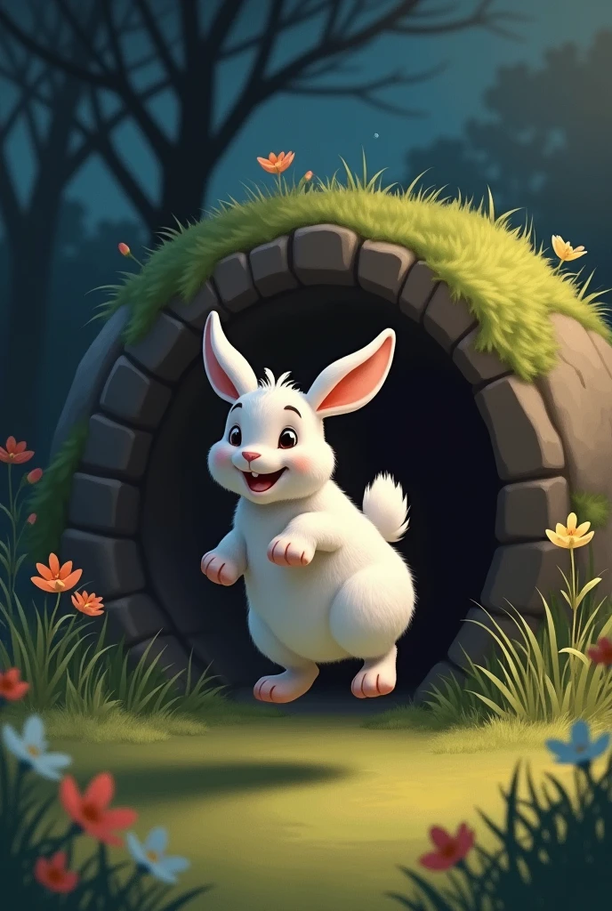 A small white rabbit happily jumping off the calf’s back in front of a ...