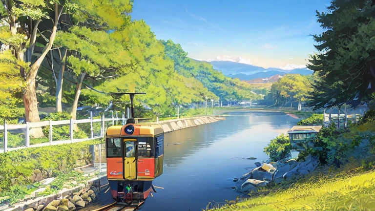 Hayao Miyazaki style, Ghibli style, An old-fashioned orange-red train ...