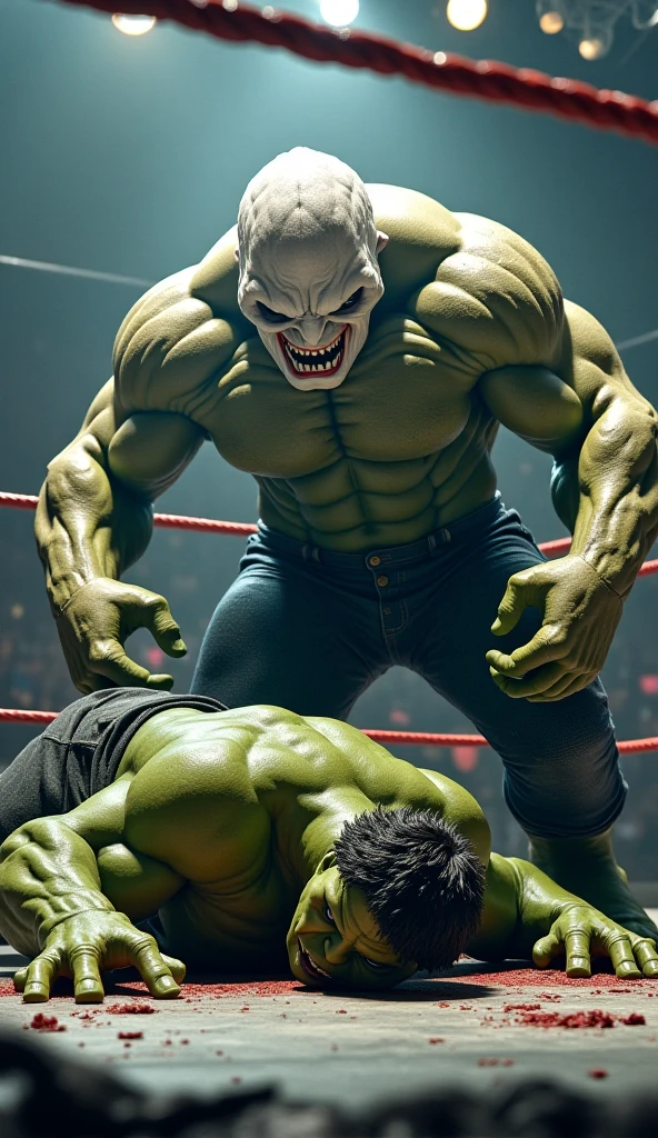 In the wrestling ring, Hulk lies on the ground injured, but no blood is ...