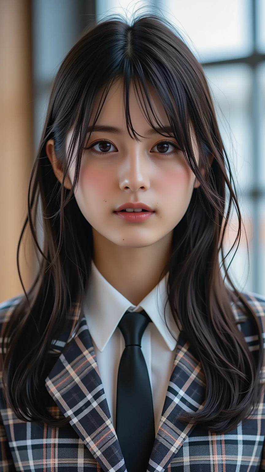 A serene portrait of a young woman wearing a plaid uniform jacket with ...