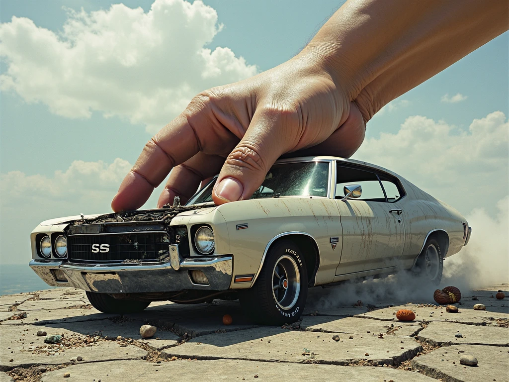 A colossal woman's hand dominates the view. Her fingers, thicker than ...