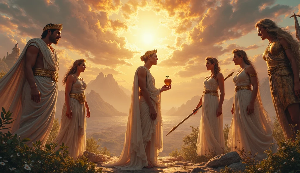 "A grand and mythical scene depicting the Judgment of Paris. In a lush ...