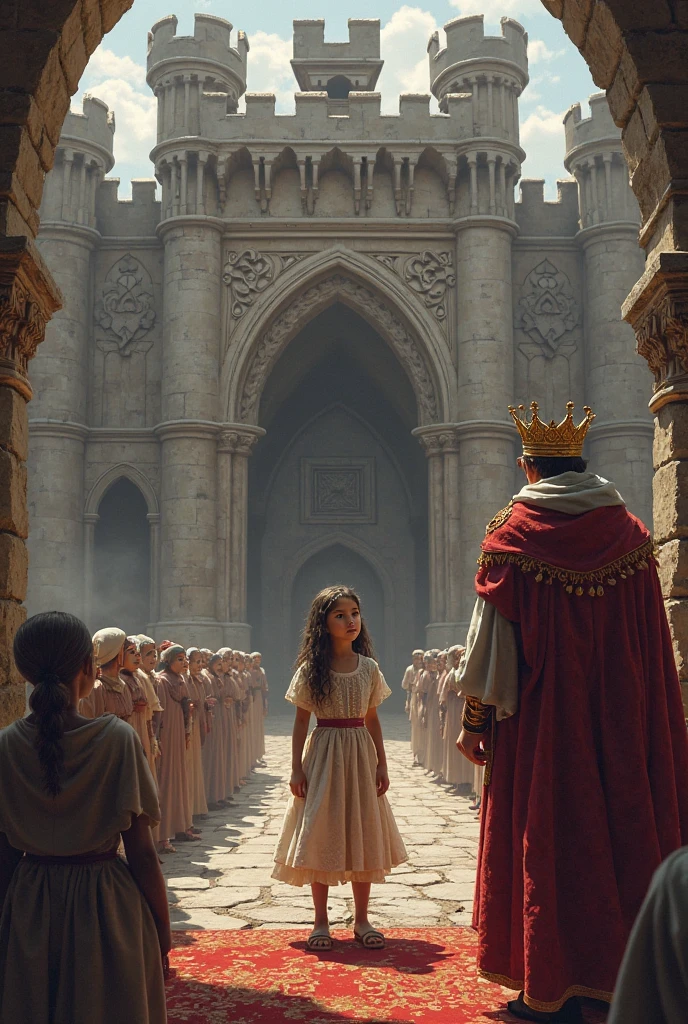 The girl with poor people at the castle of the village talking to the ...