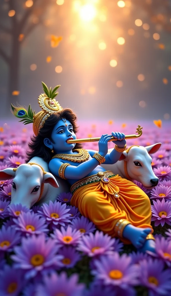 A breathtaking celestial vision of Lord Krishna lying peacefully on an ...