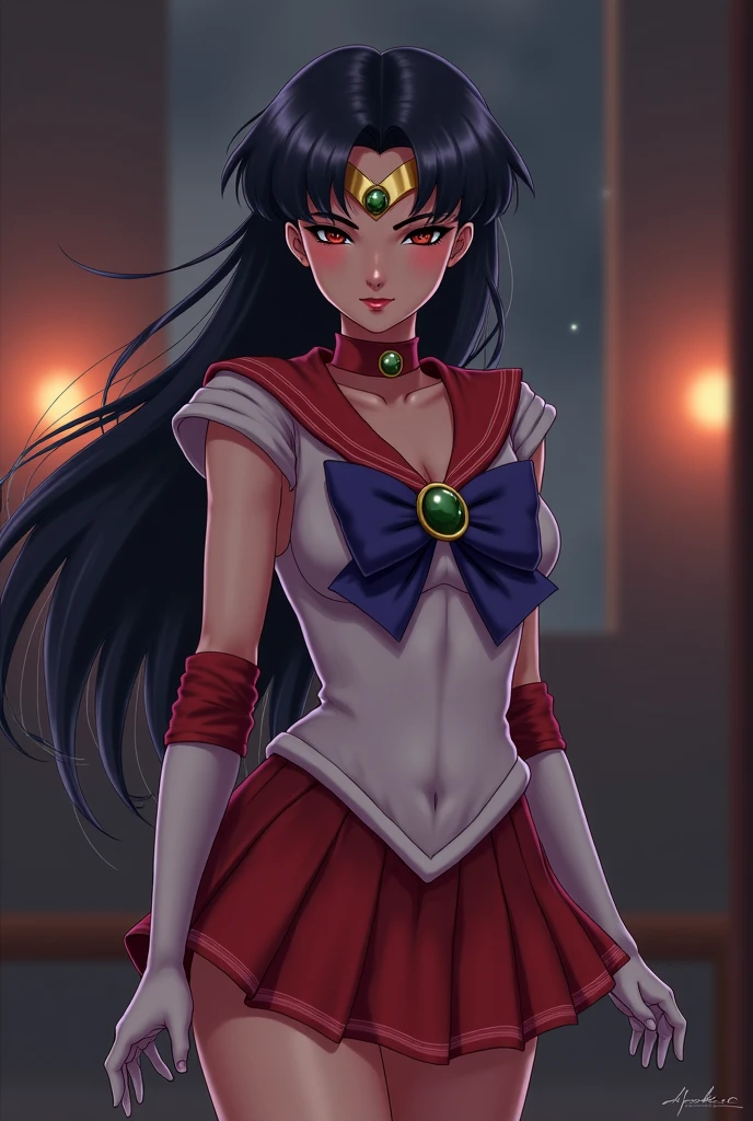 Draw Sailor Mars in a sexy way。blush and put your hand on the skirt - SeaArt AI