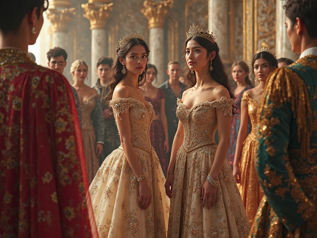 Two beautiful princesses dressed in elegant royal attire, with many ...