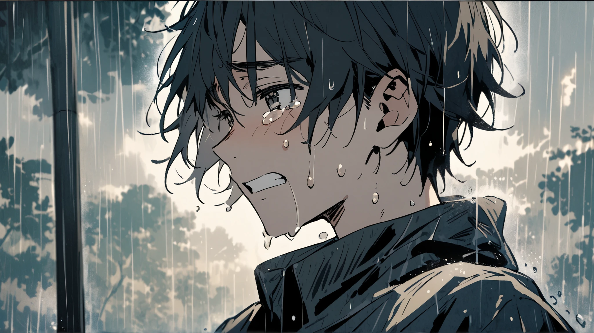 A sad boy crying in the rain singing - SeaArt AI