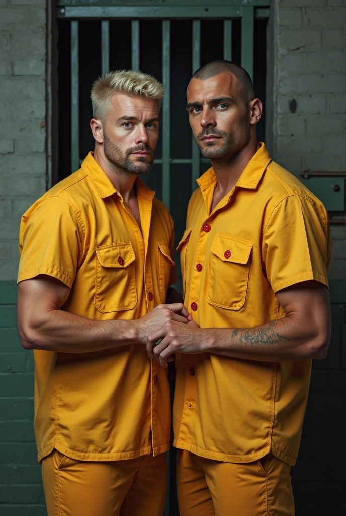 Two gay homosexual prisoners in black-skinned yellow jail uniform large ...