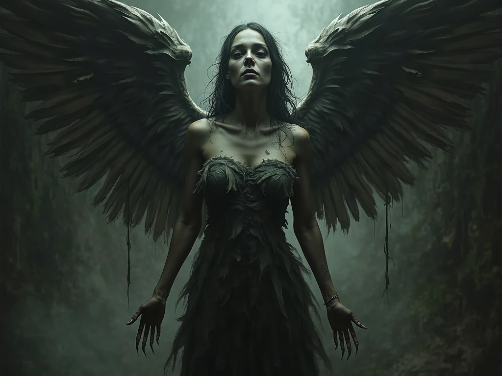 Photo of creepy female angel sitting - SeaArt AI