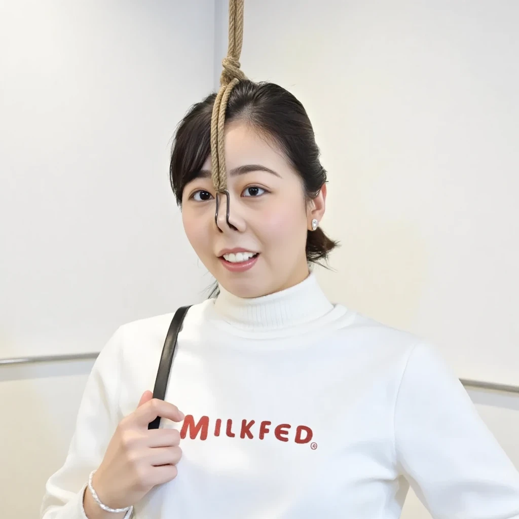 Japanese woman wearing a MilkFed logo t-shirt, restraining her hands on ...
