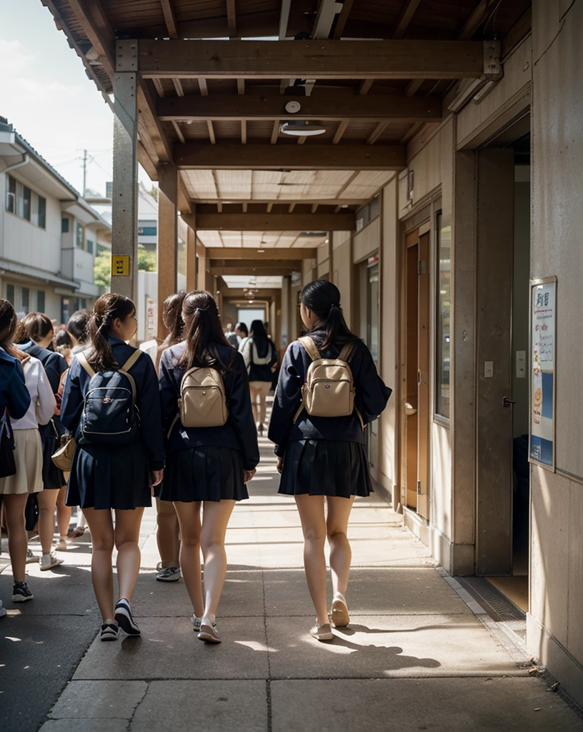 A bustling Japanese high school corridor filled with students walking ...