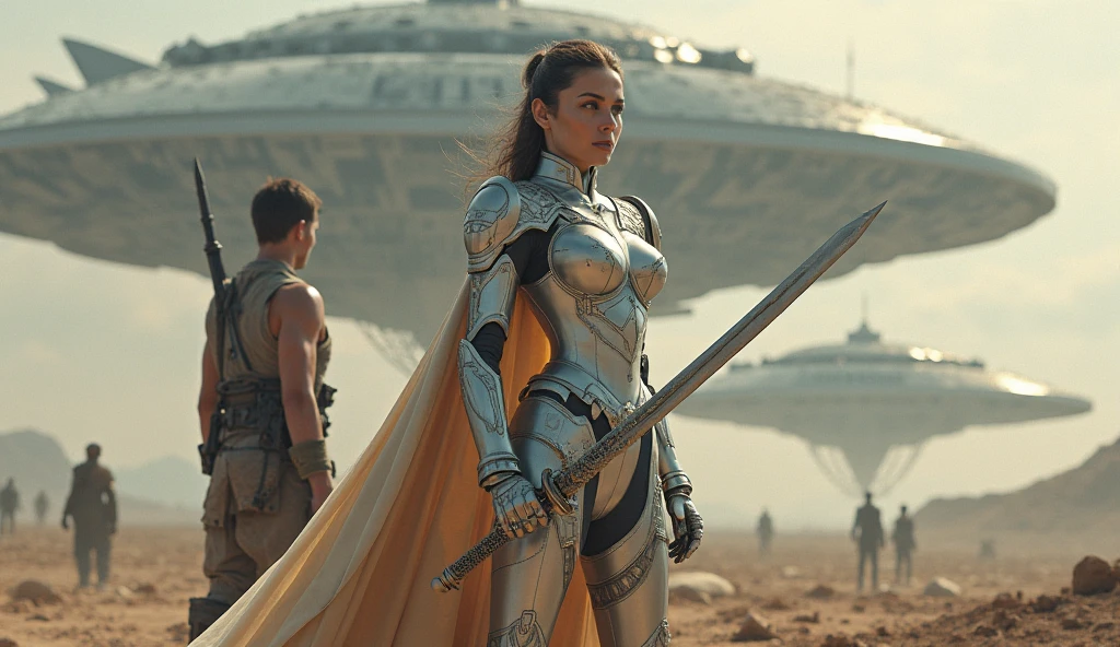 princess in futuristic armor, holding a sword, standing alongside her ...